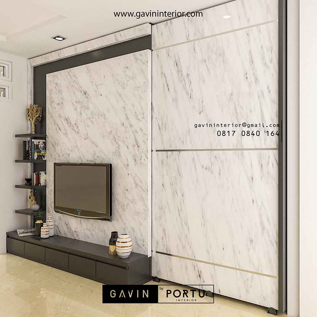 contoh backdrop tv minimalis hpl warna putih Gavin by Portu - Gavin ...